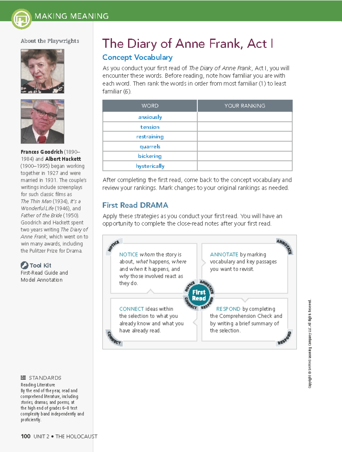 The Diary of Anne Frank Act I: Concept Vocabulary & First Read Guide ...