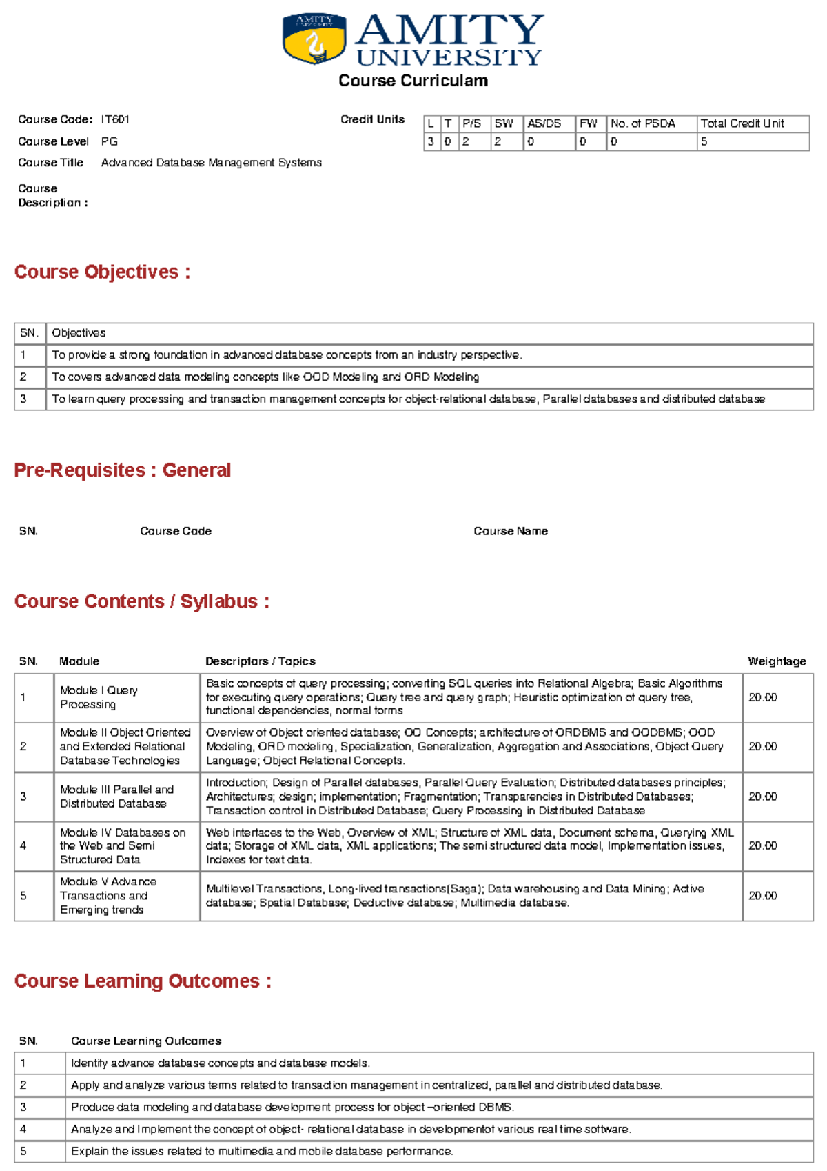 Advanced Database Management Systems (IT601) Course Curriculum Overview ...