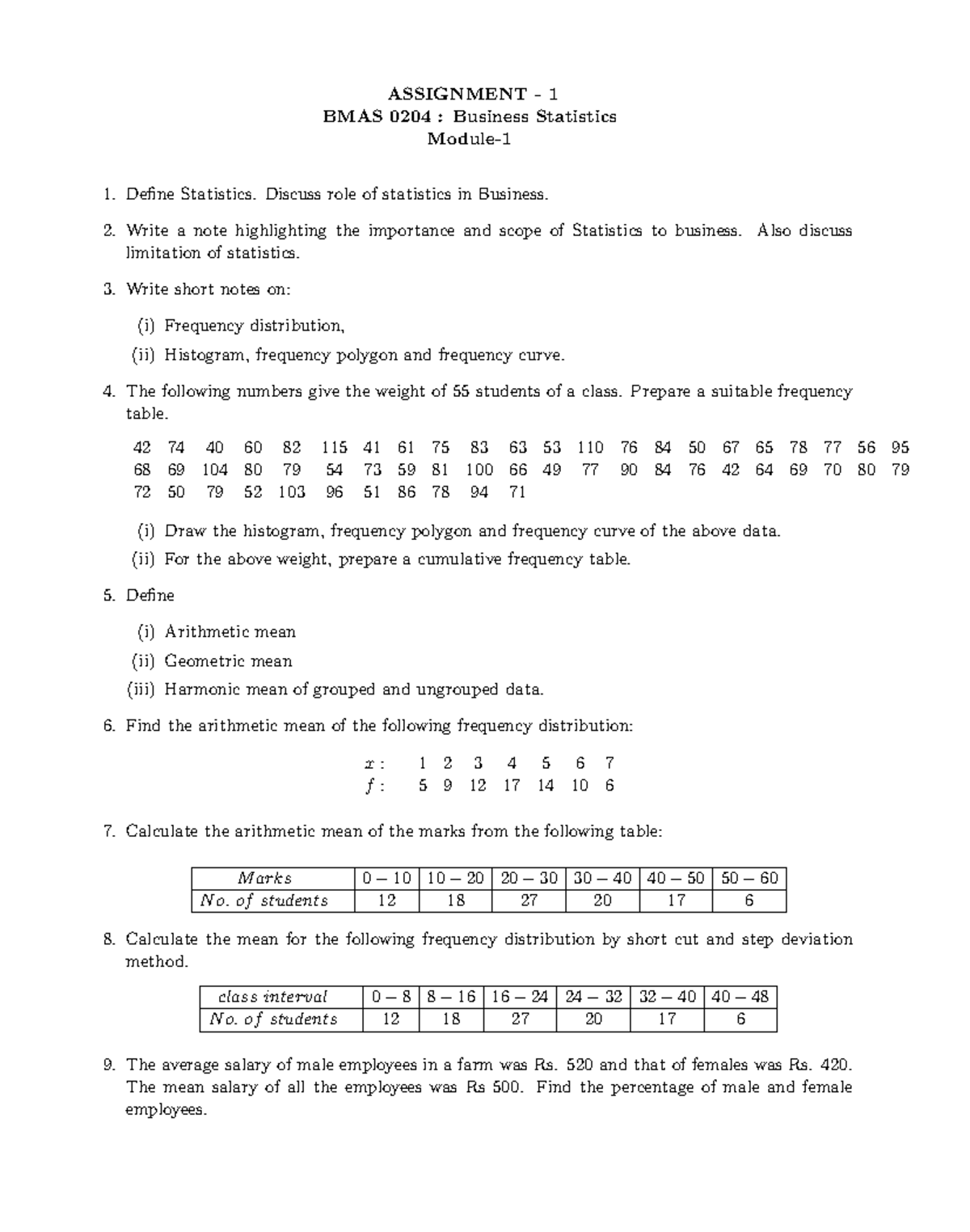 BMAS 0204: Business Statistics Assignment 1 - Key Concepts & Problems ...