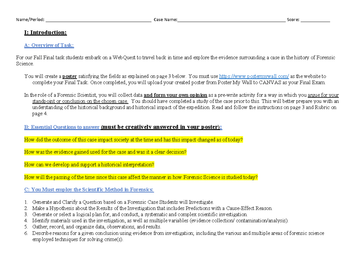 Forensic Science Case Study: Fall 2025 Final Exam Poster Project - Studocu