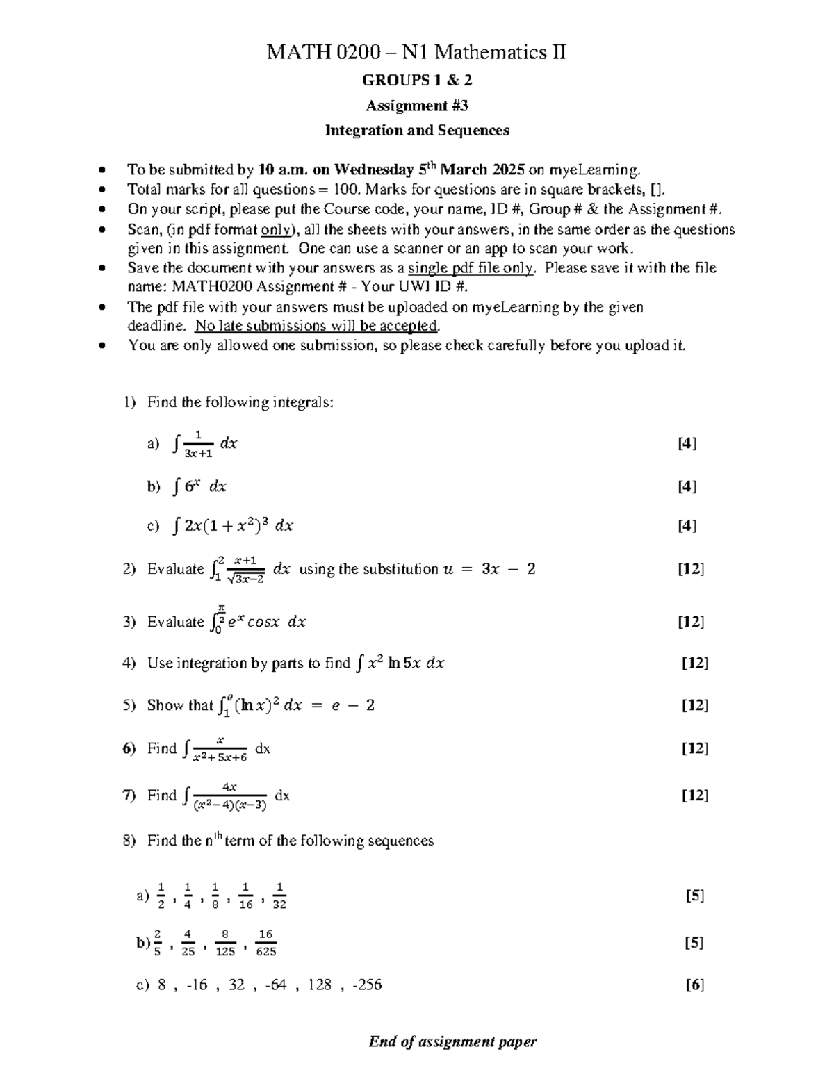 MATH 0200 N1 Assignment 3: Integration & Sequences (Due Mar 5, 2025) - Studocu