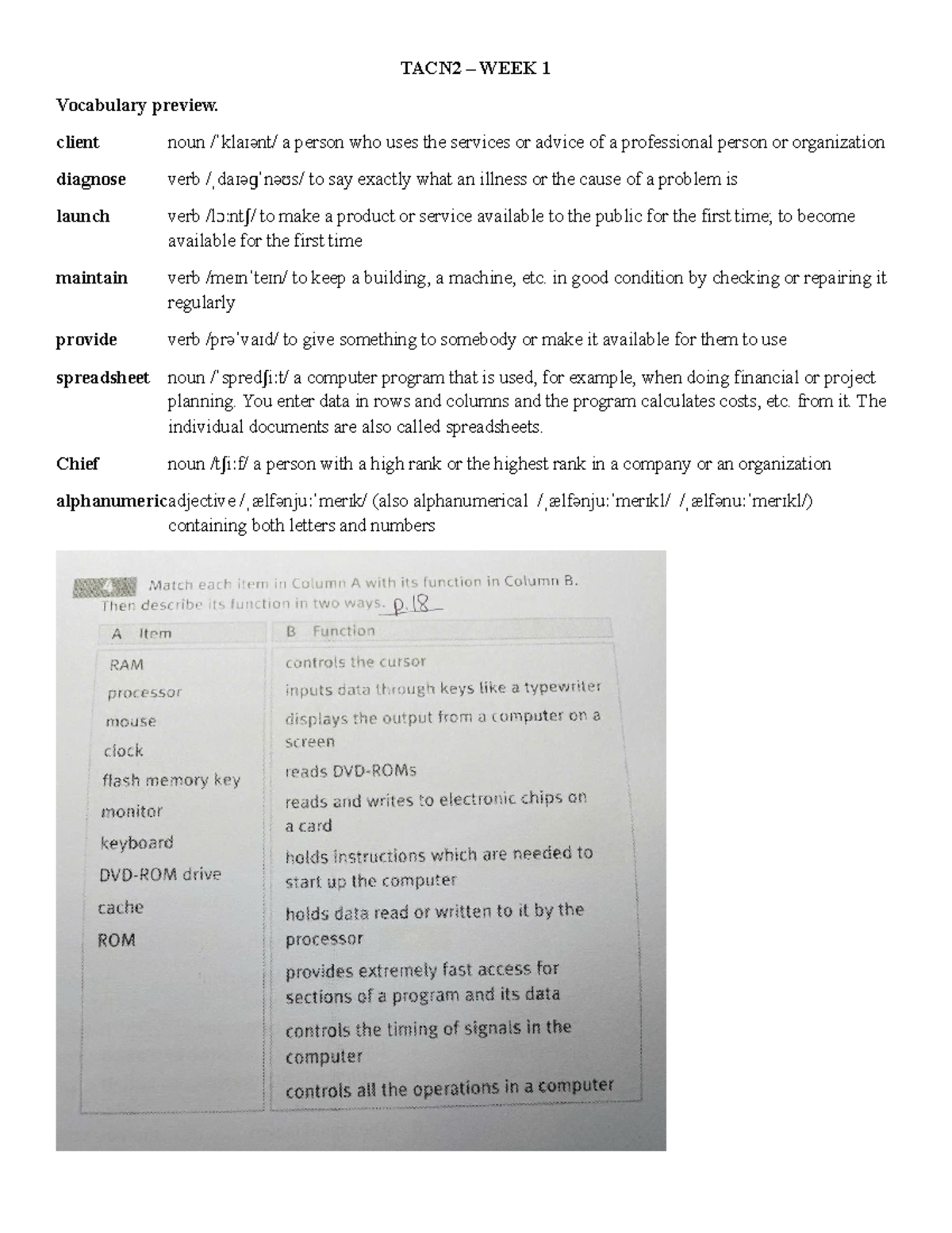 TACN2 Week 1 Vocabulary Preview and Definitions Guide - Studocu