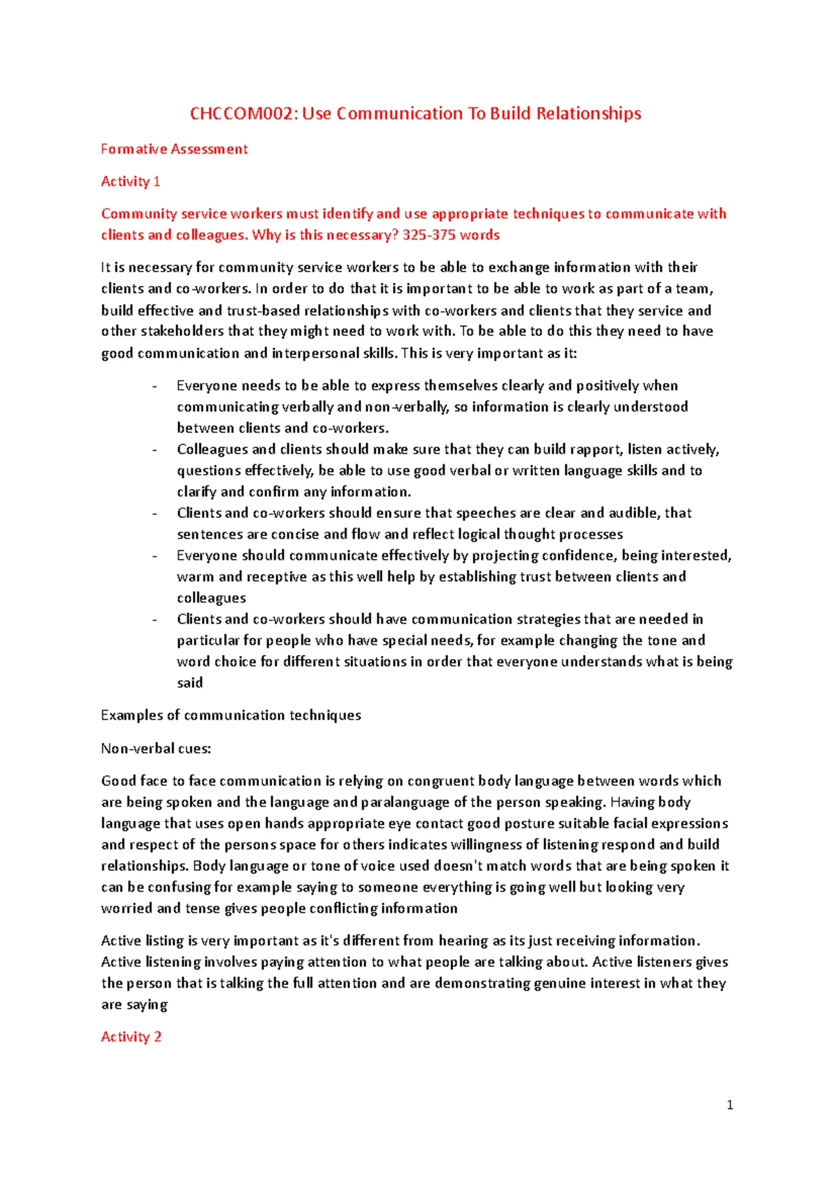 Chccom 002- Use communication to build relationships - CHCCOM002: Use Communication To Build ...