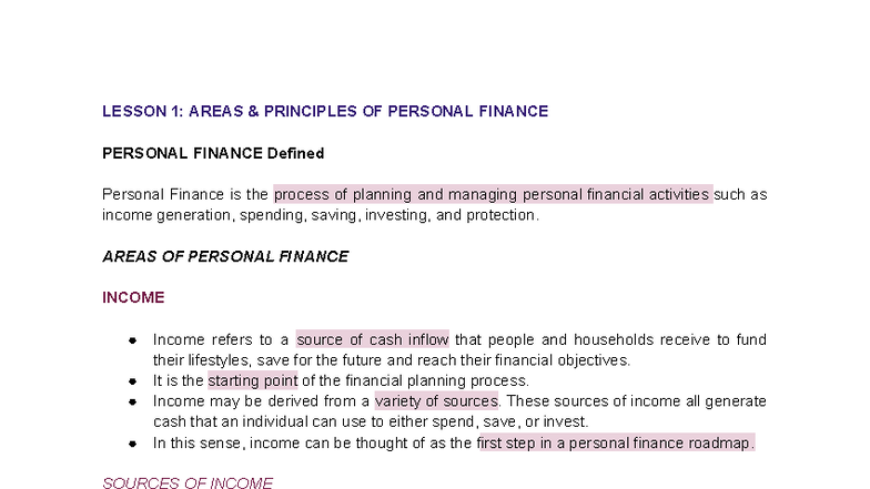 FIMA 101: Personal Finance Principles - Lessons 1 to 5 Overview - Studocu