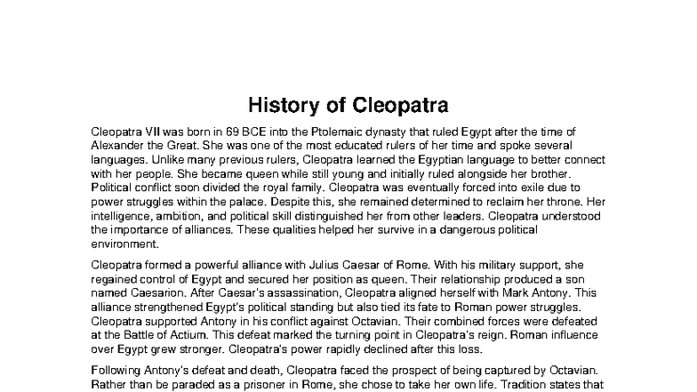 HIST 101: The Life and Legacy of Cleopatra VII - Studocu