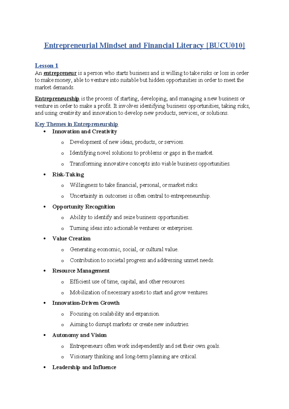 Entrepreneurial Mindset & Financial Literacy: Lesson 1 Overview - Studocu