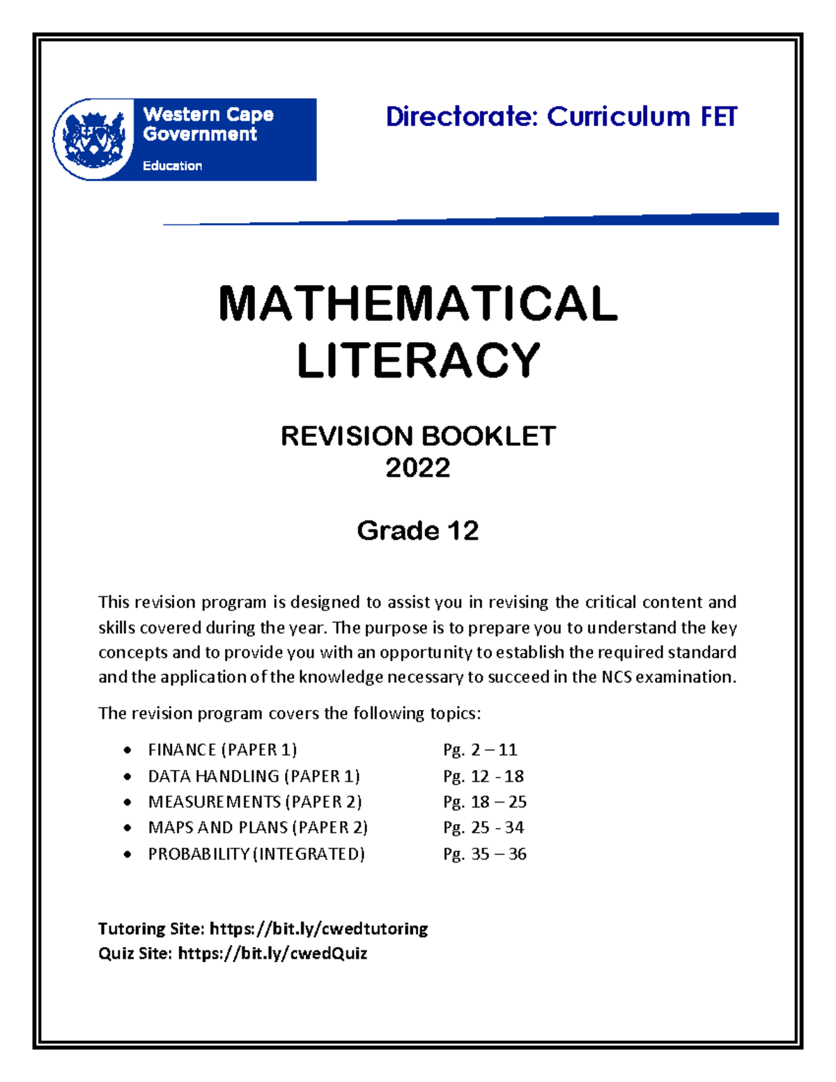2022 Mathematical Literacy Grade 1-2 Revision Booklet Guide - Studocu