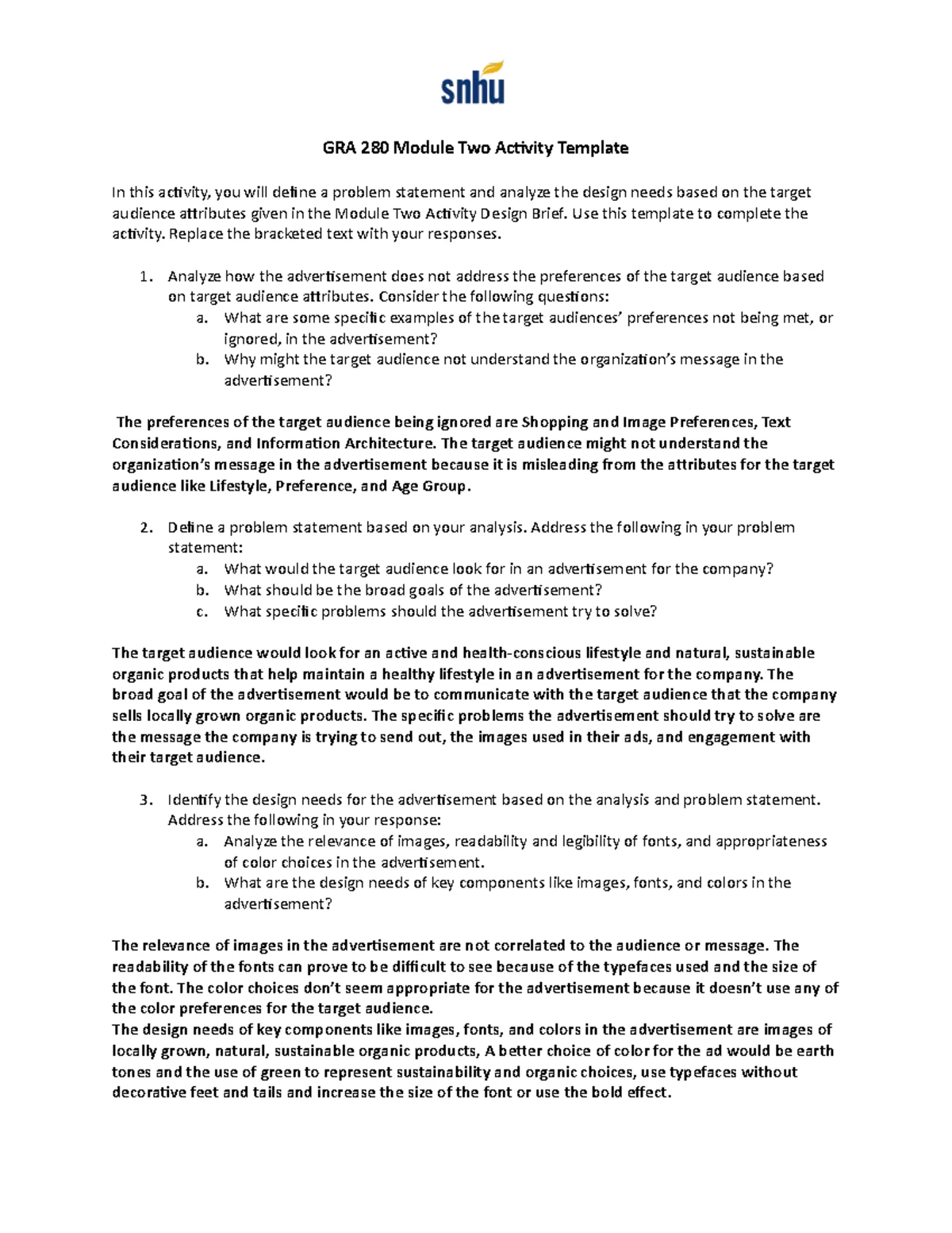 GRA 280 Module Three Activity: Advertisement Design Assessment Template ...