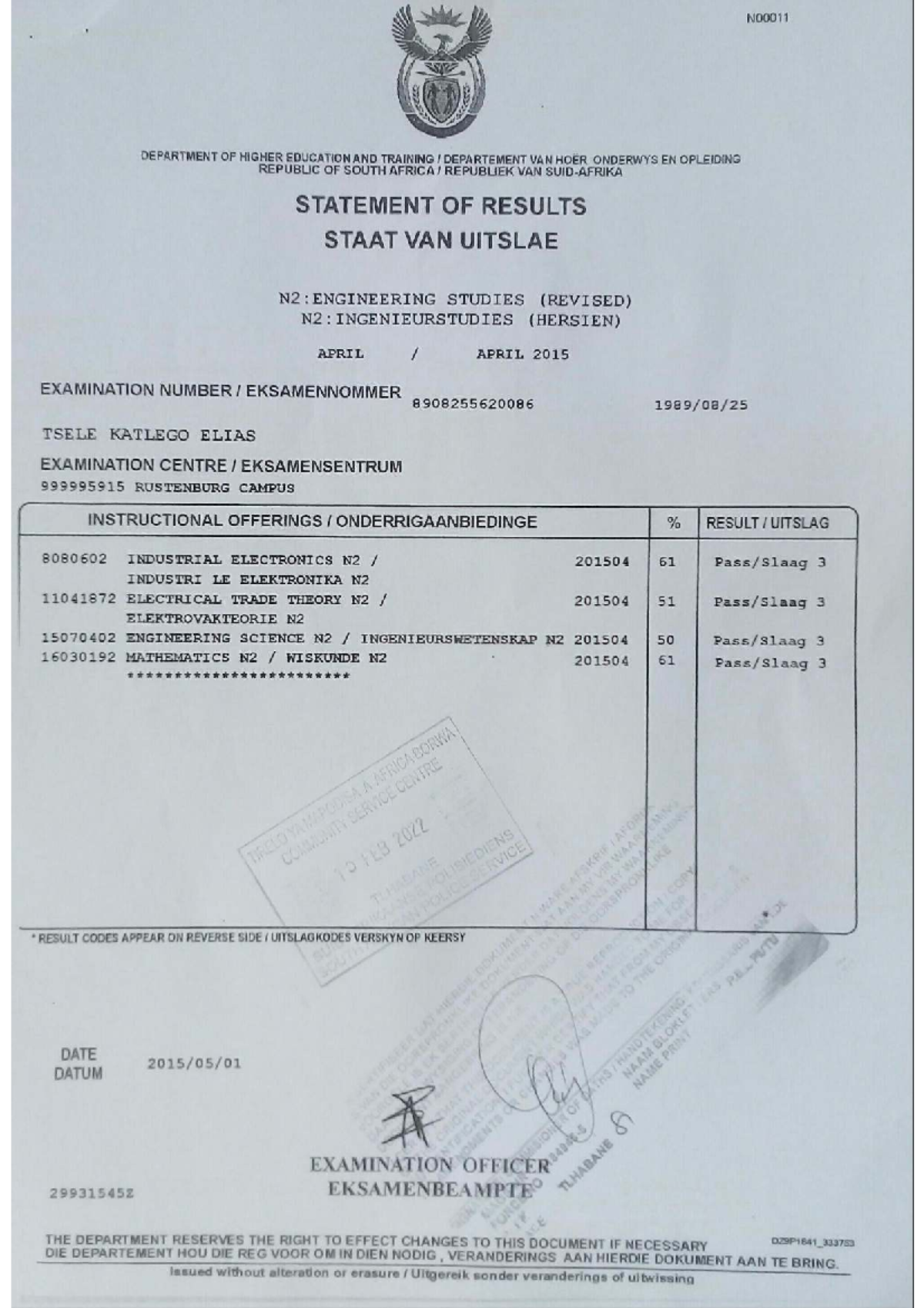 N00011 N2 Engineering Studies Statement of Results - April 2015 - Studocu