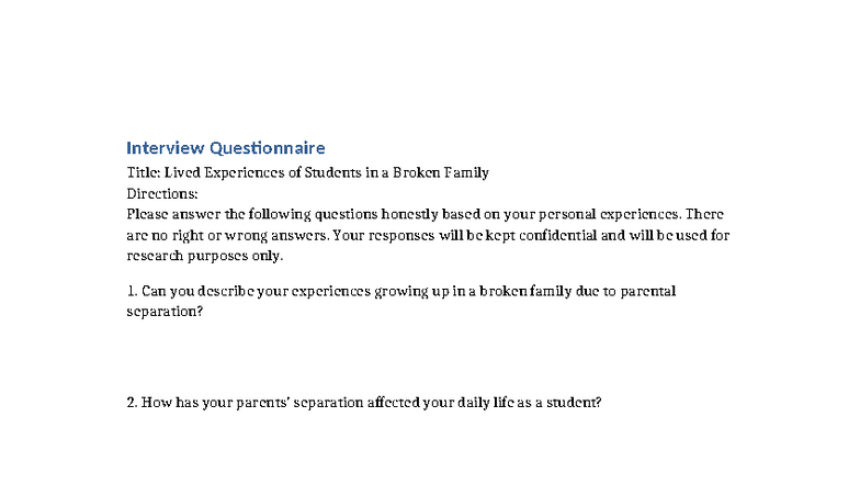 Interview Questionnaire: Lived Experiences of Students in Broken ...