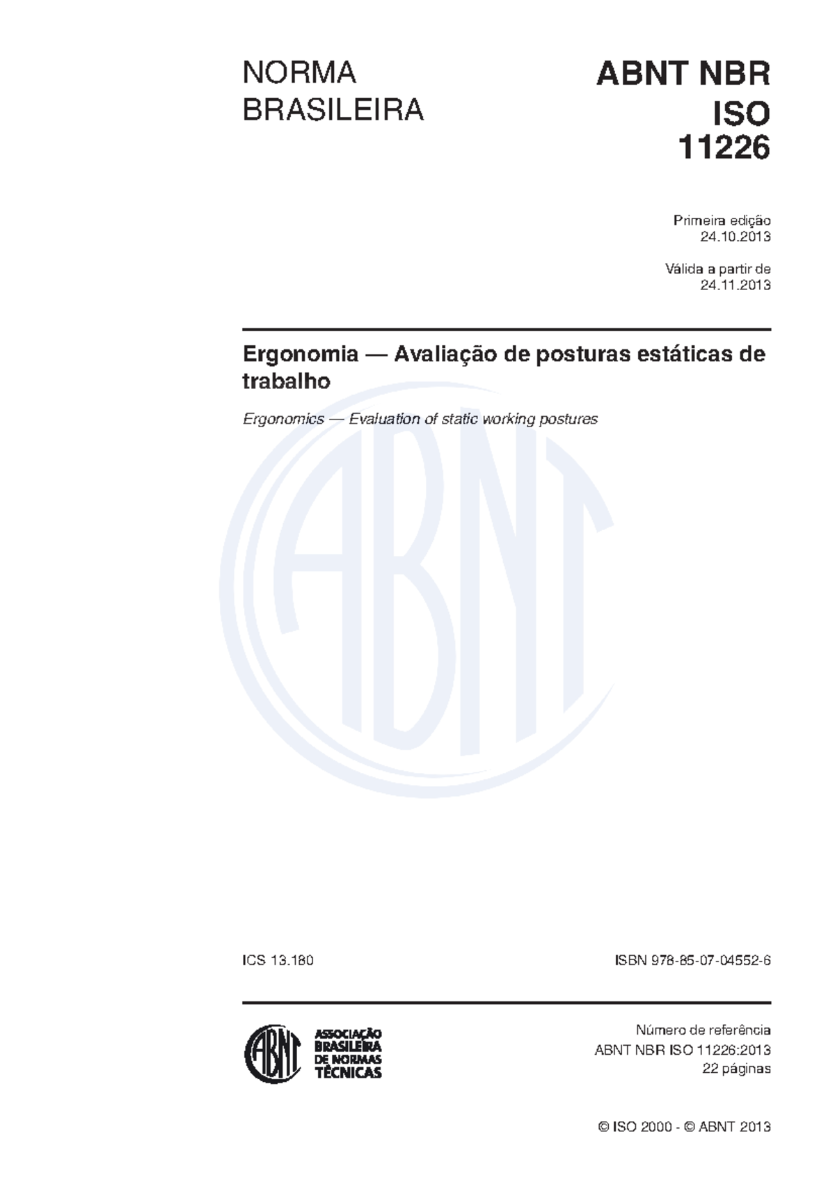Norma ABNT NBR ISO 11226: Avaliação de Posturas Estáticas de Trabalho ...