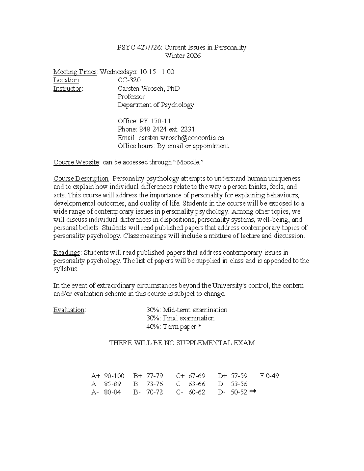 PSYC 427 Current Issues in Personality - Winter 2026 Outline - Studocu