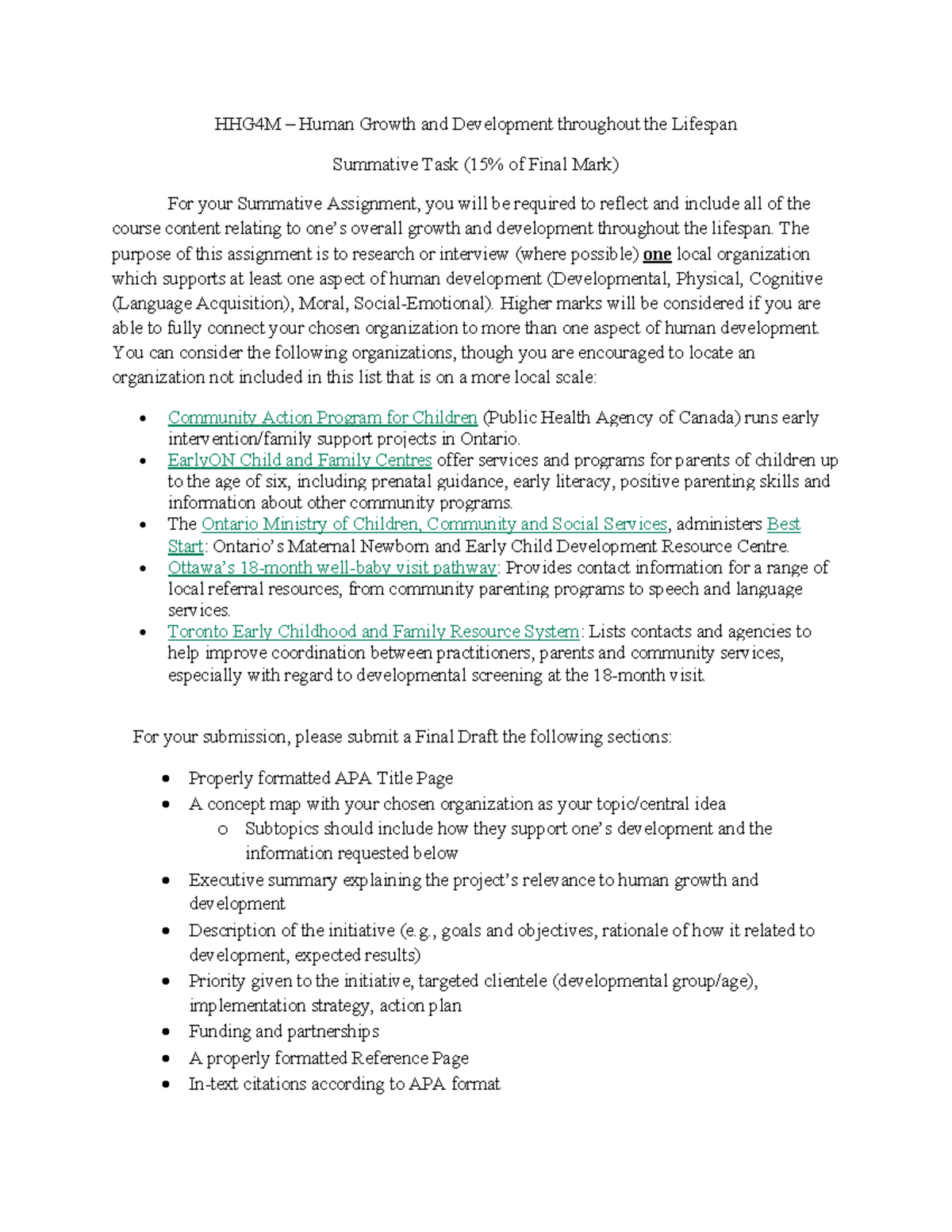HHG4M Summative Assignment: Exploring Human Development Organizations ...