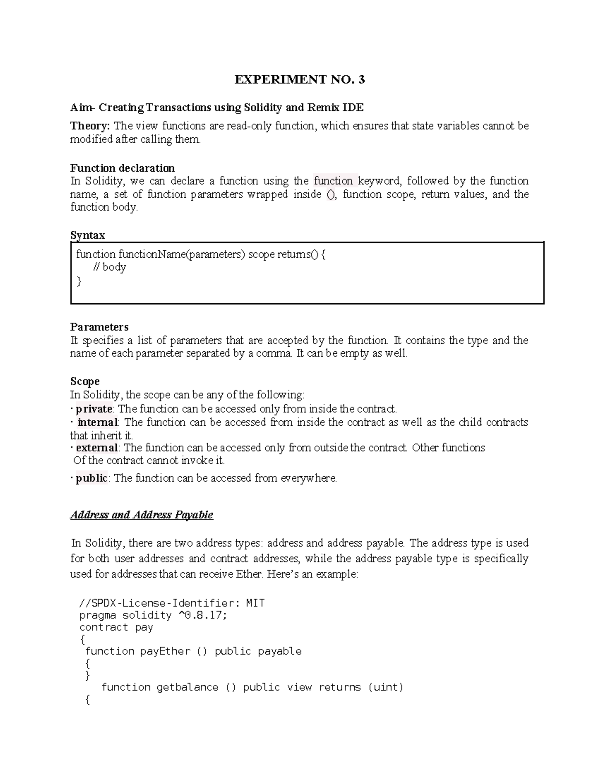 Exp 3 - Experiment 3 - EXPERIMENT NO. 3 Aim- Creating Transactions using Solidity and Remix IDE ...