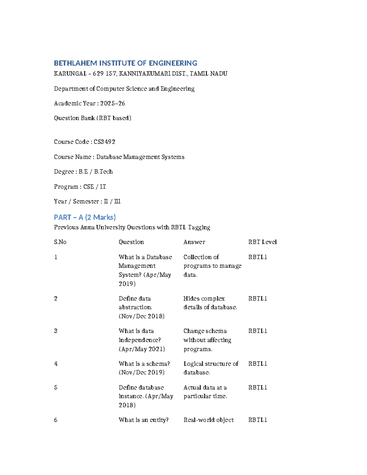 CS3492 DBMS Question Bank: 2 Marks with RBTL Tagging - Studocu