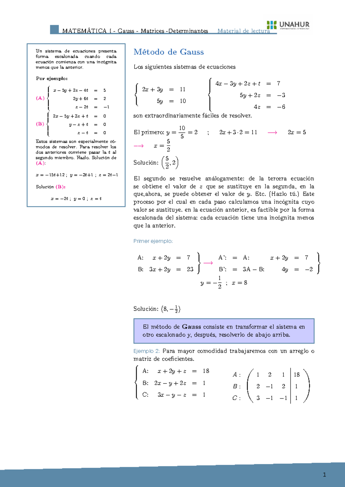 MATEMÁTICA I - Método de Gauss: Matrices y Determinantes - Studocu