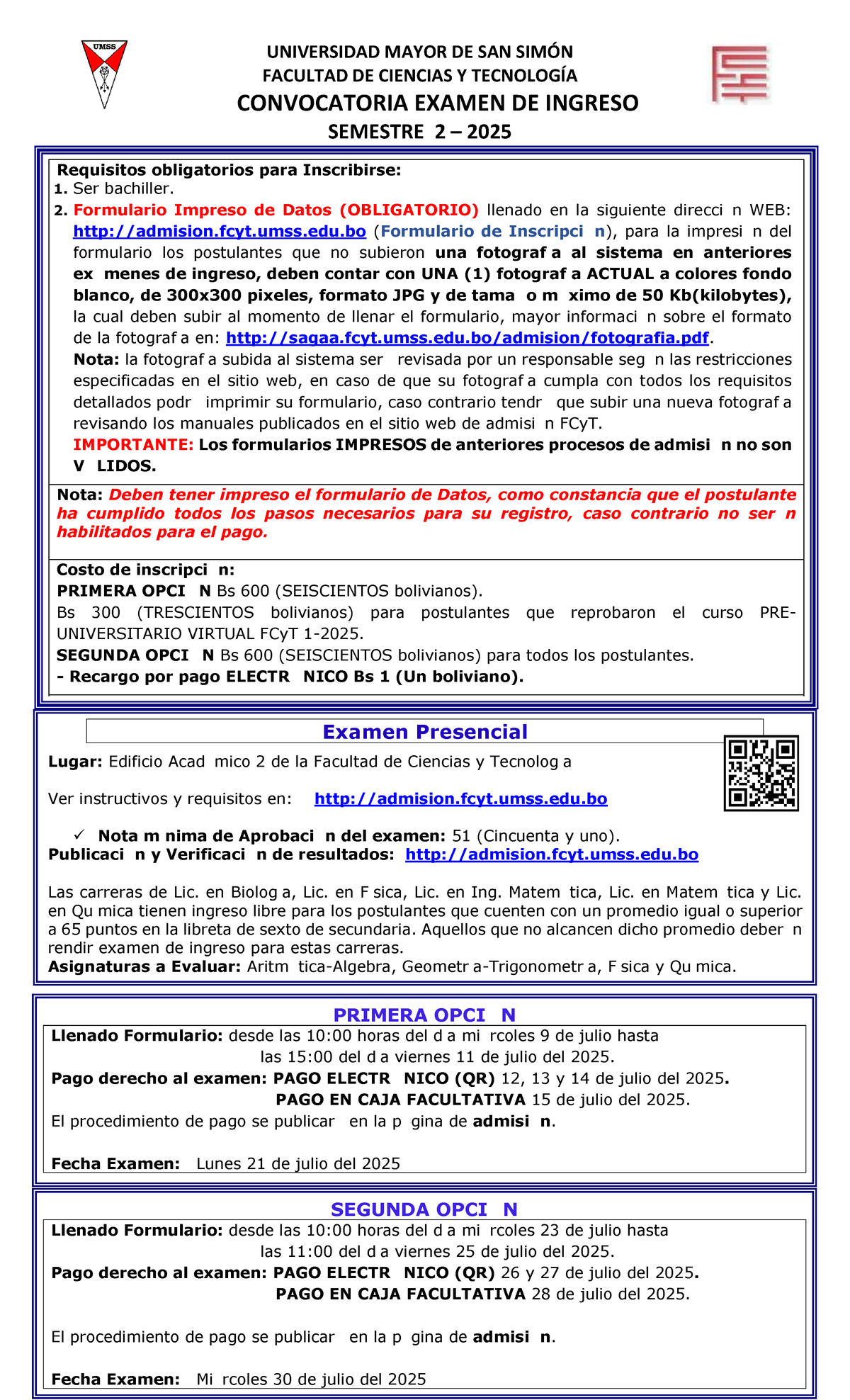 Convocatoria Examen de Ingreso FCyT 2-2025: Requisitos y Fechas - Studocu