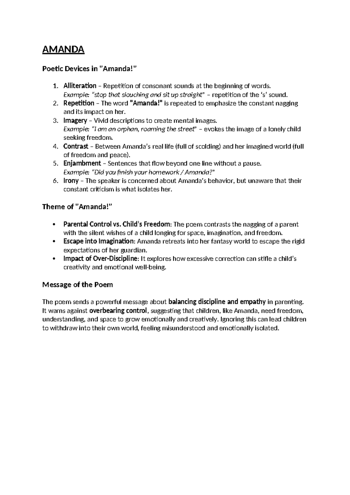 AMANDA: Poetic Devices Analysis and Themes in the Poem - Studocu