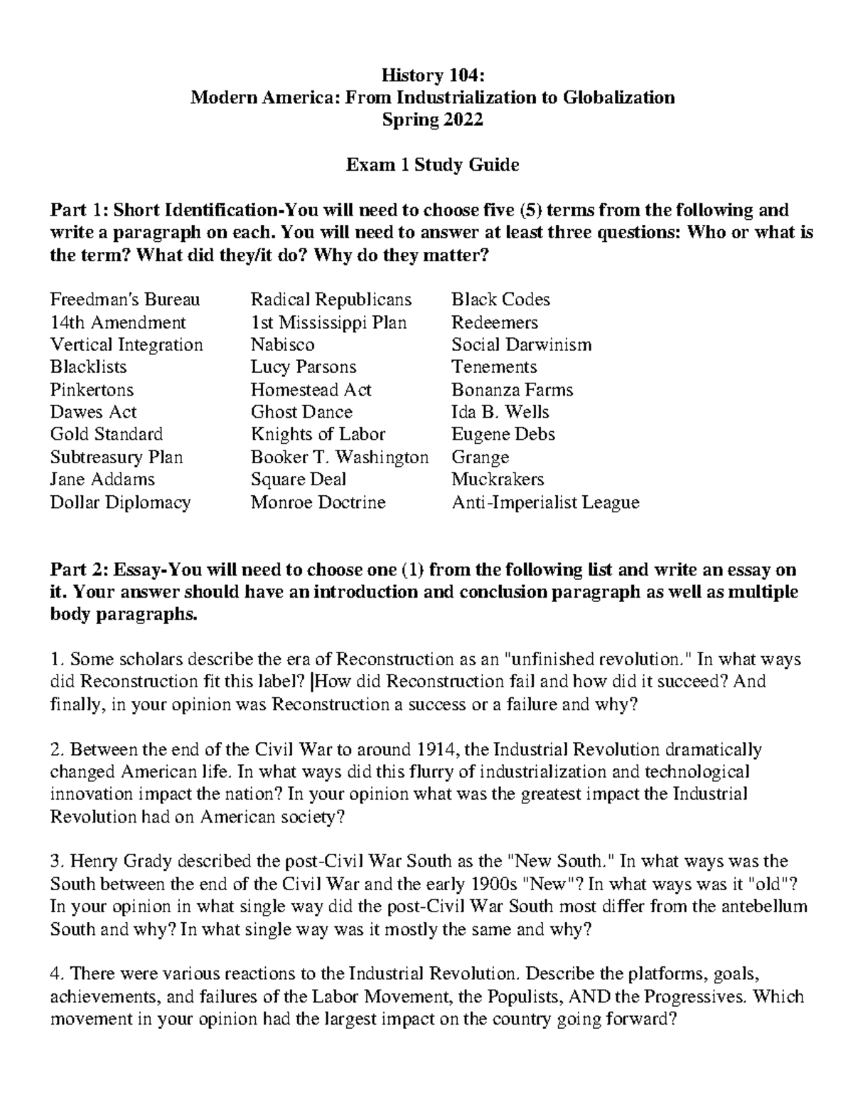 Exam 1 Study Guide- History Key terms - History 104: Modern America ...