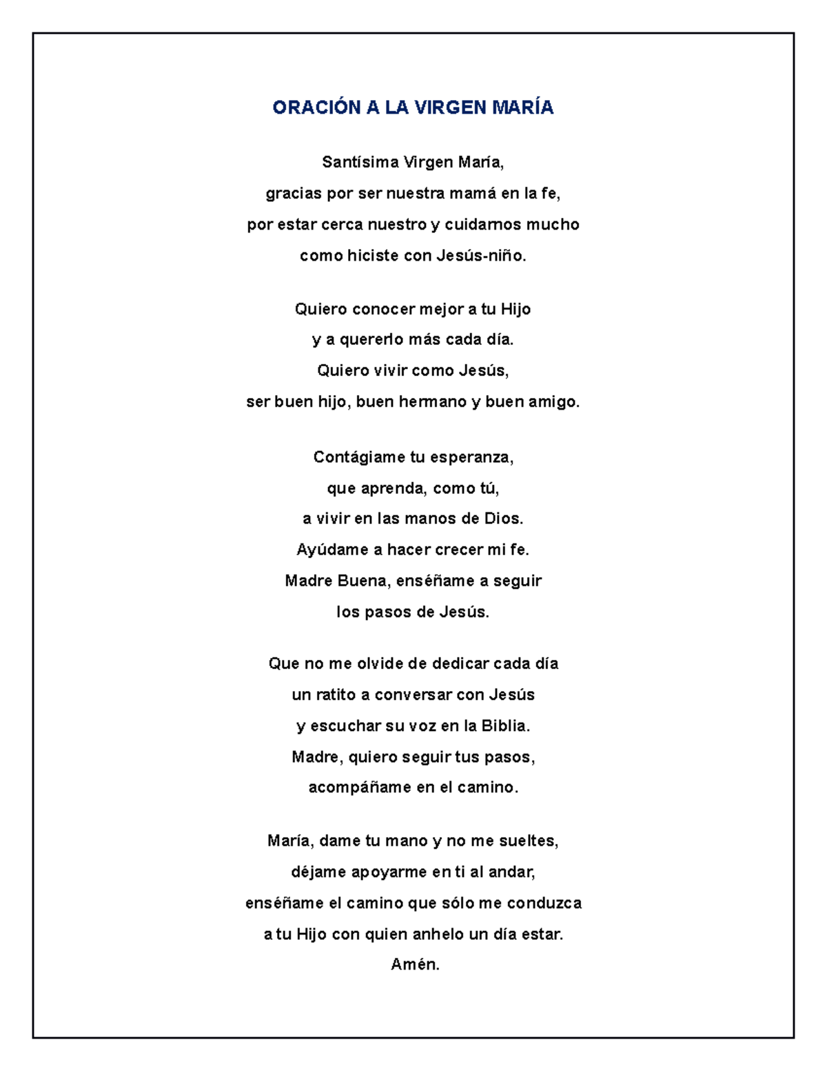 Oración a la Santísima Virgen María: Reflexiones y Peticiones - Studocu