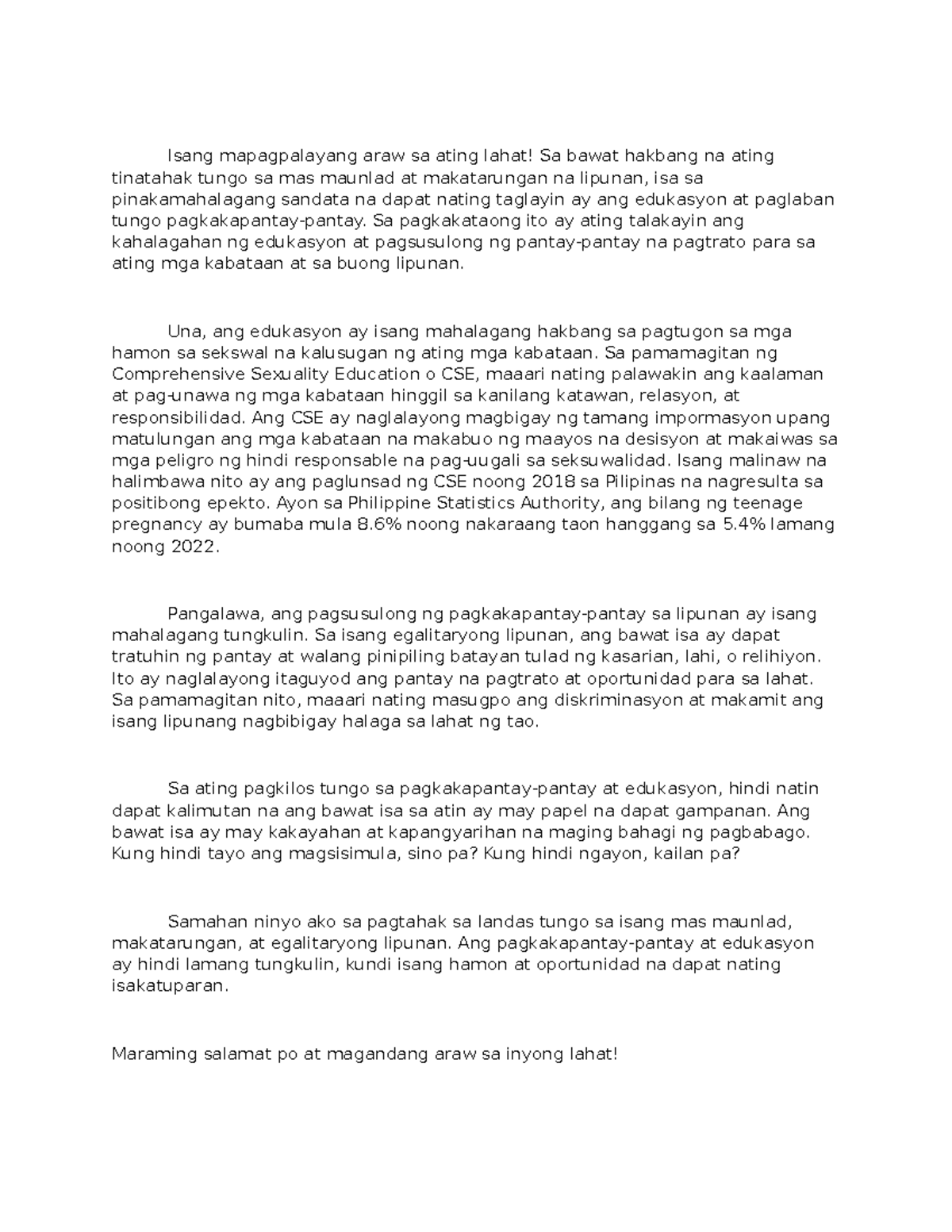 Talumpati sa Buwan ng Wika: Edukasyon at Pagkapantay-pantay - Studocu