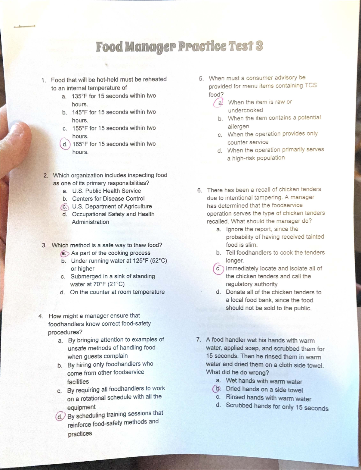 Food Manager Practice Test 3 for Course XYZ 123 Final Exam - Studocu
