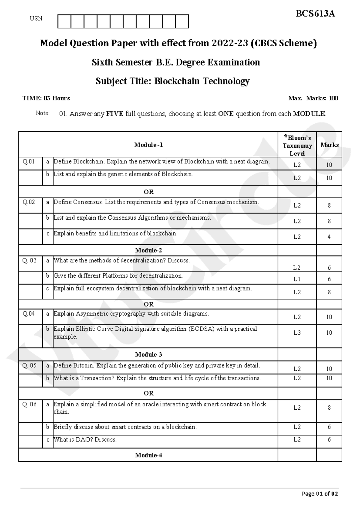 BCS613A Blockchain Technology Model Question Paper - Set 1 - Studocu