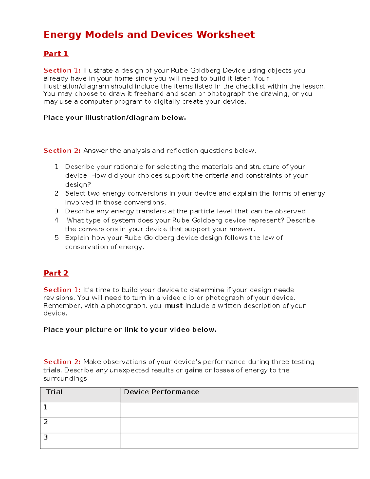Energy Models and Devices Worksheet: Rube Goldberg Project Guide - Studocu