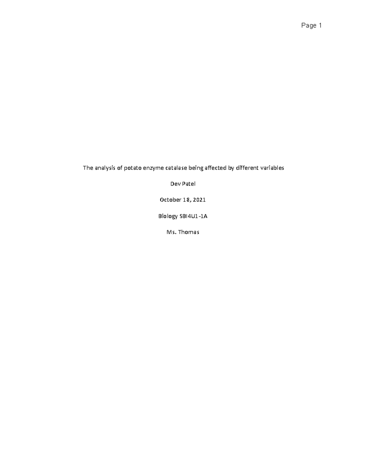 Biology SBI4U1-1A: Potato Catalase Enzyme Lab Report Analysis - Studocu