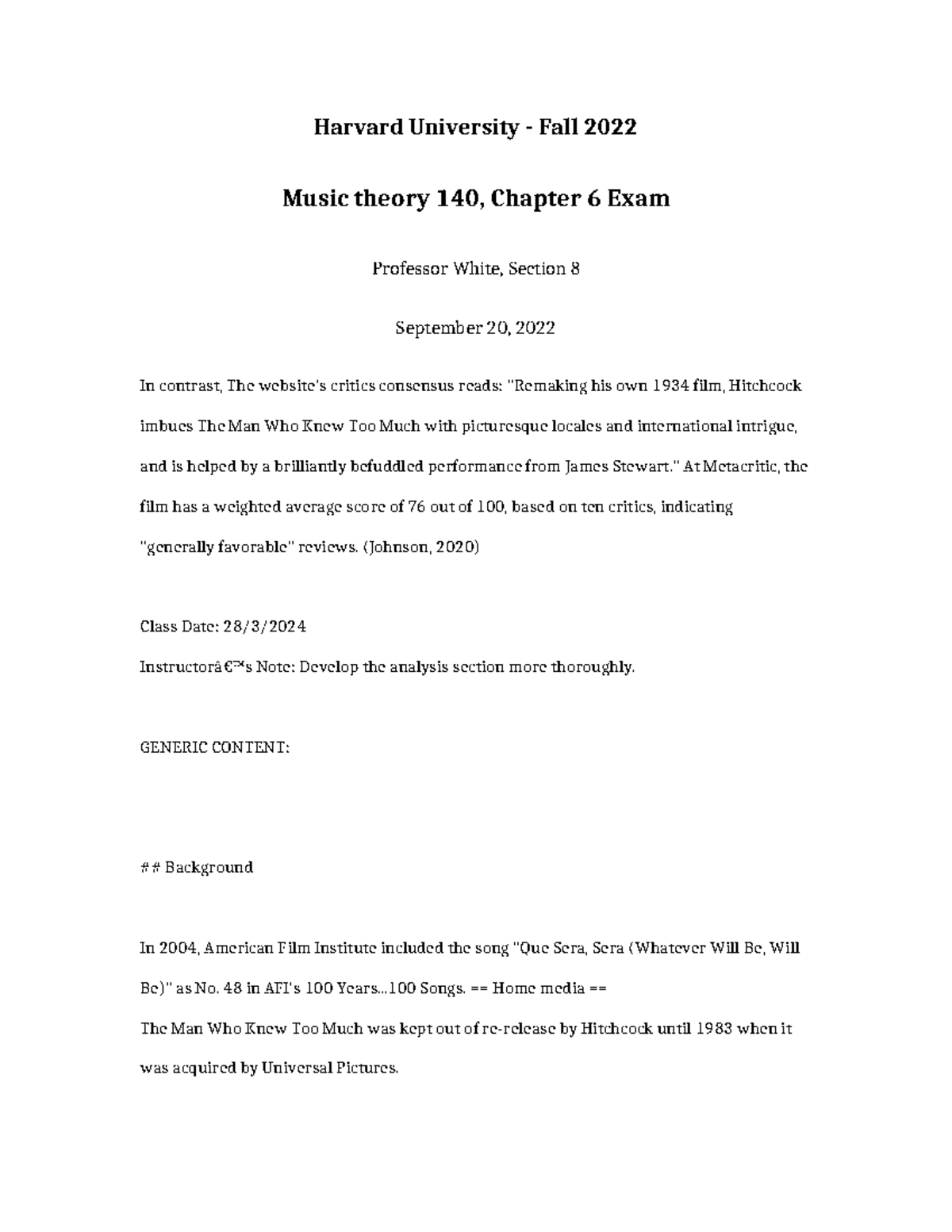 Music Theory 140: Chapter 6 Exam Analysis - Fall 2022 - Studocu