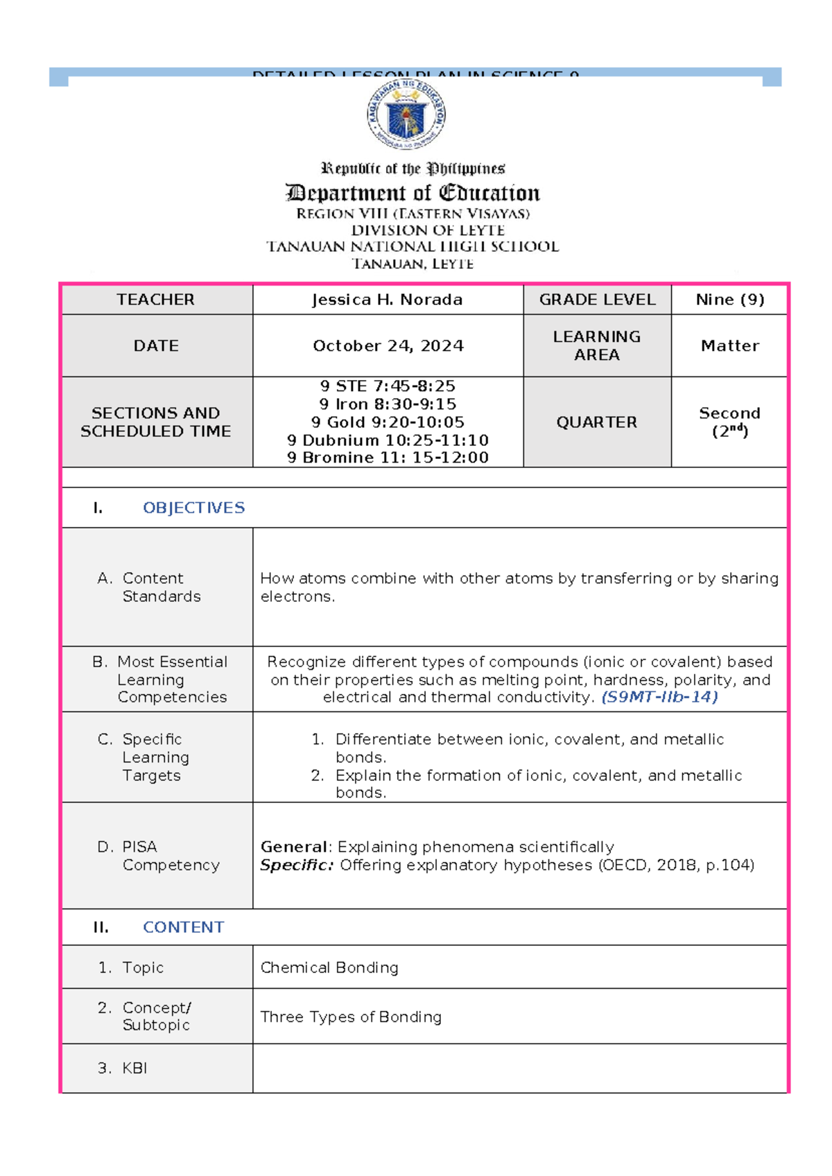 Science 9 Detailed Lesson Plan: Understanding Chemical Bonding - Studocu
