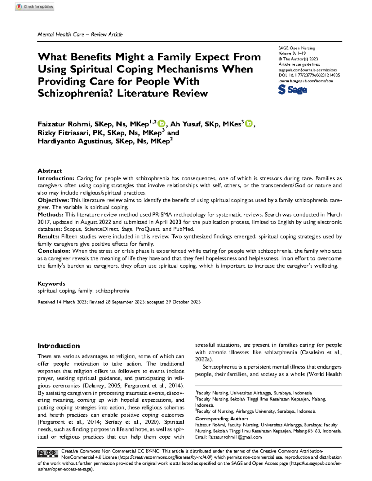 Spiritual Coping in Family Caregivers of Schizophrenia: A Literature ...