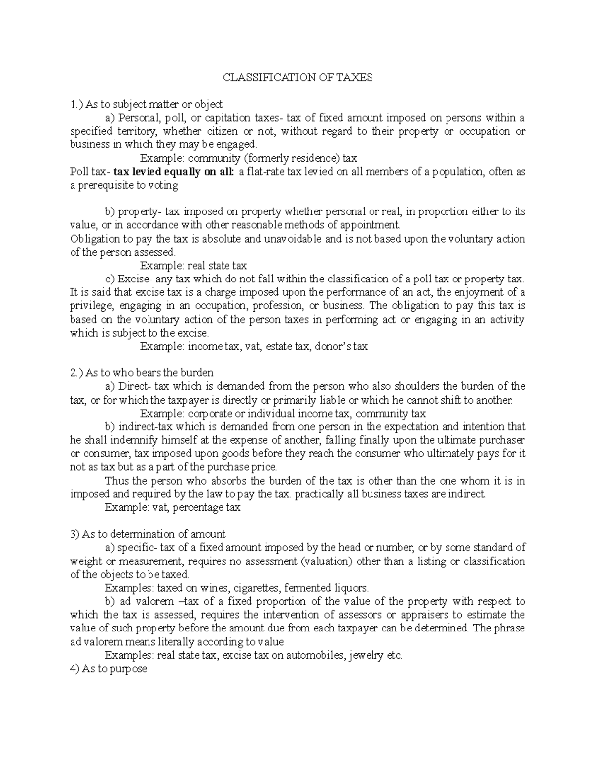 Classification OF Taxes - CLASSIFICATION OF TAXES 1.) As to subject ...