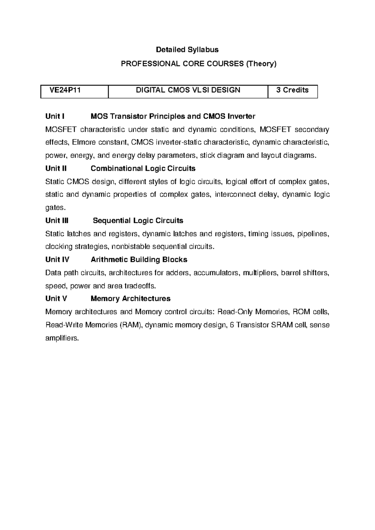 VVE24P11EVE24 Digital CMOS VLSI Design Syllabus Overview - Studocu
