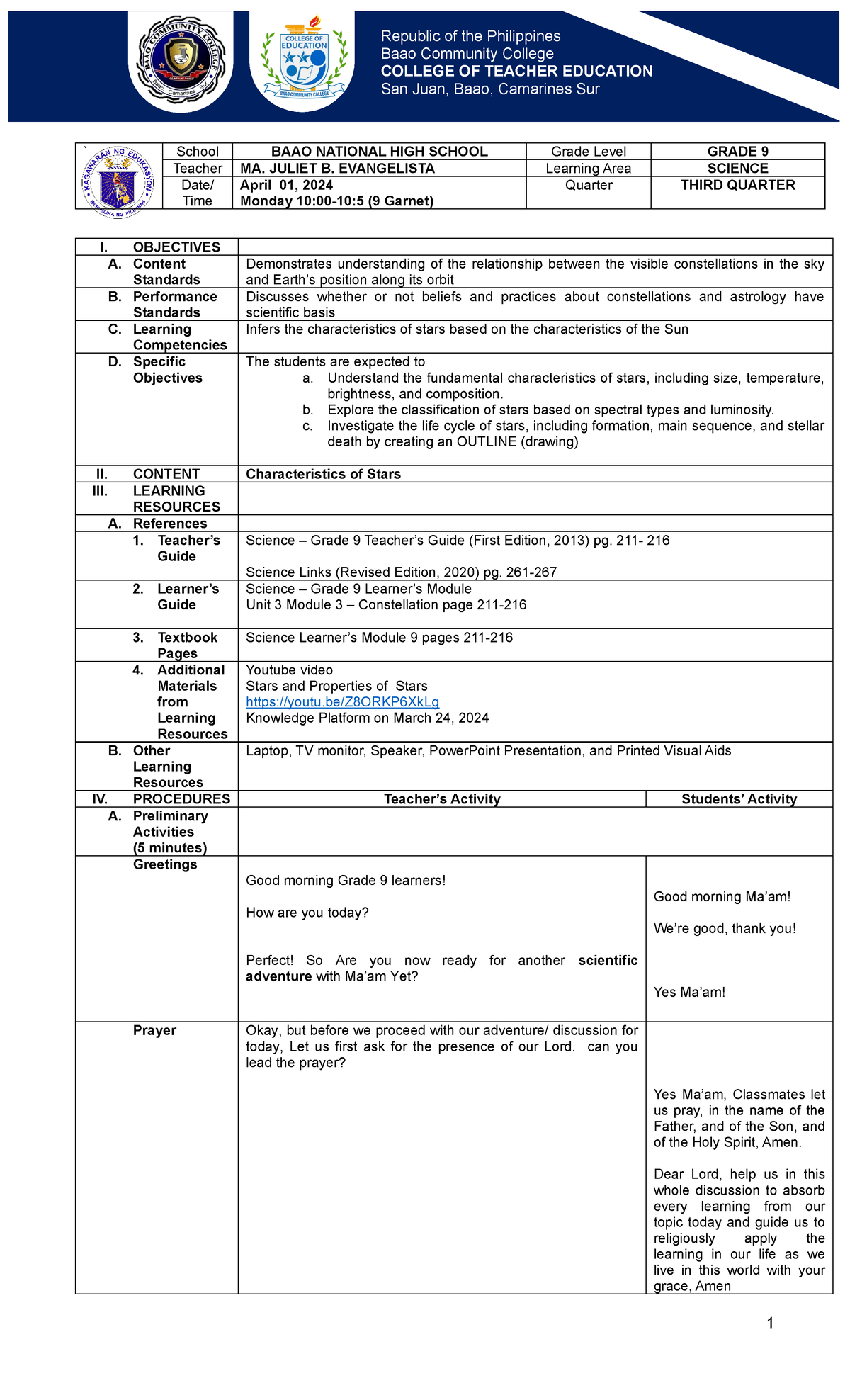 Characteristics of Stars - Grade 9 Science Lesson Plan (3rd Quarter ...
