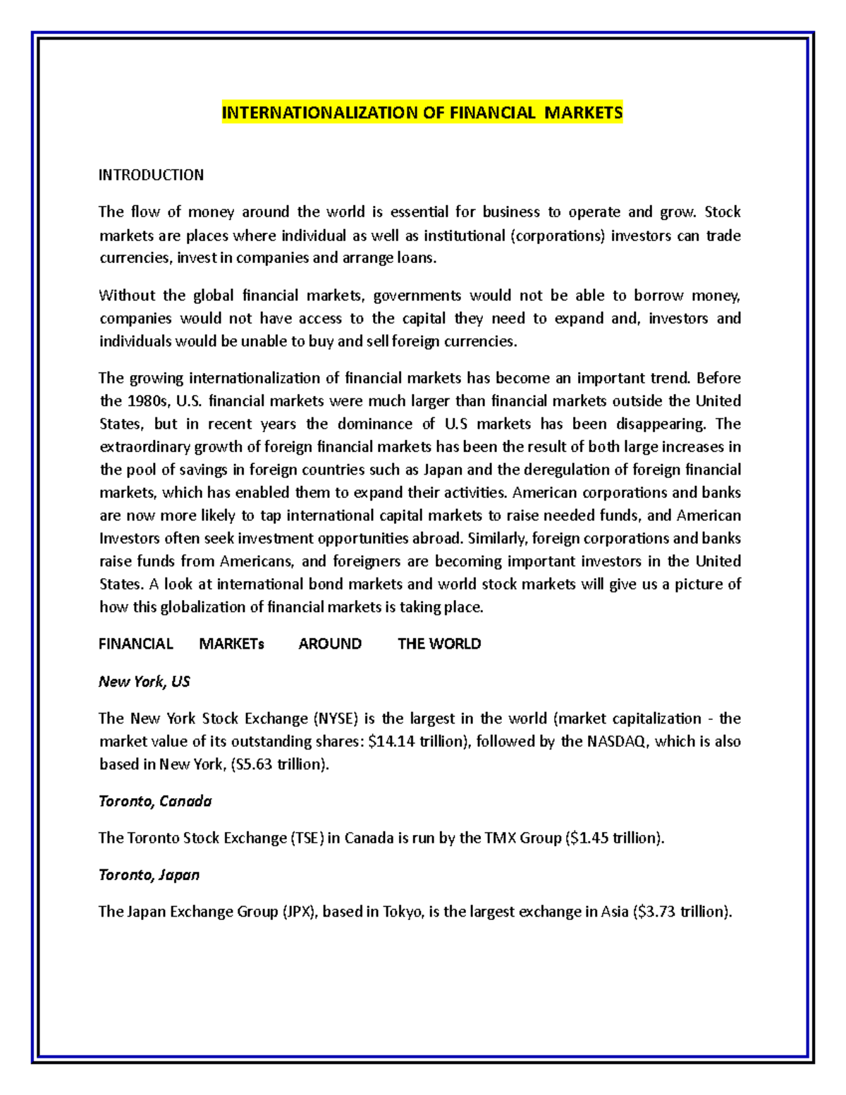 The Internationalization of Global Financial Markets: Trends and ...