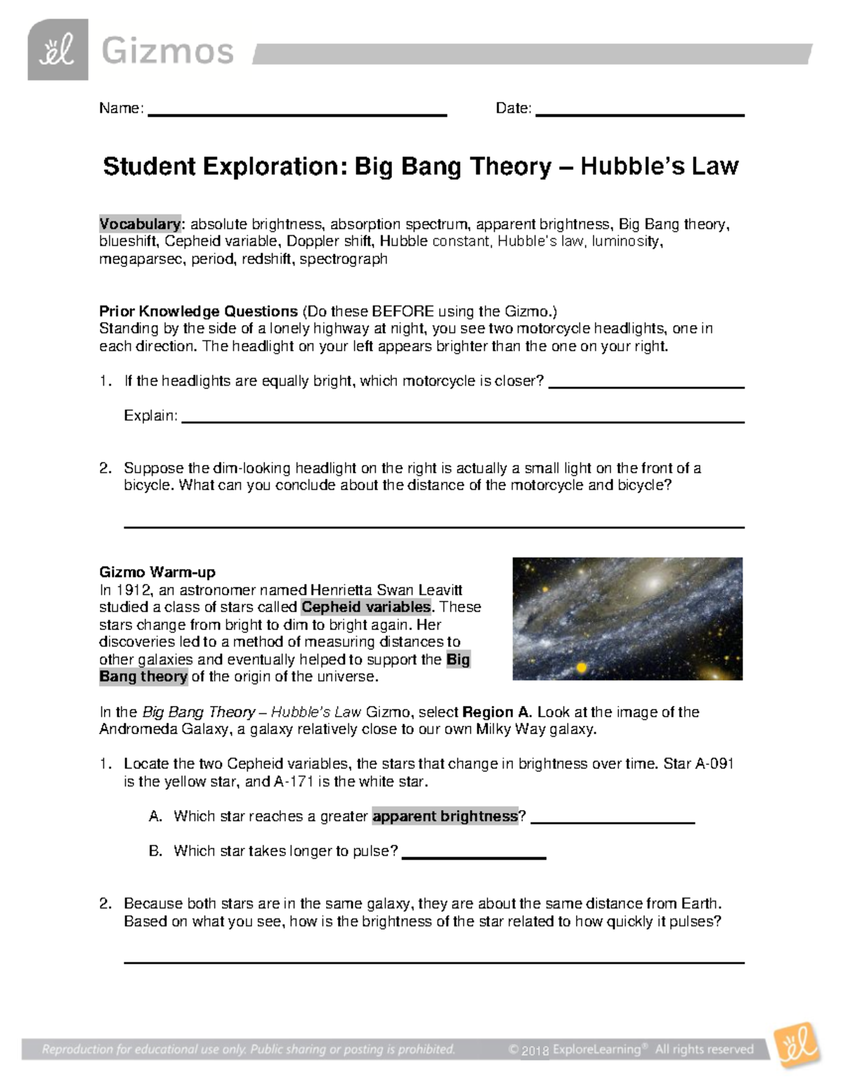 Big Bang SE - Hubble's Law Gizmo Exploration Answer Key - Studocu