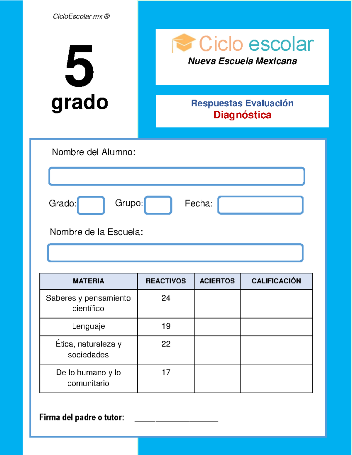 Examen Diagnóstico 5° Grado Ciclo Escolar 2023-2024 Respuestas - Studocu