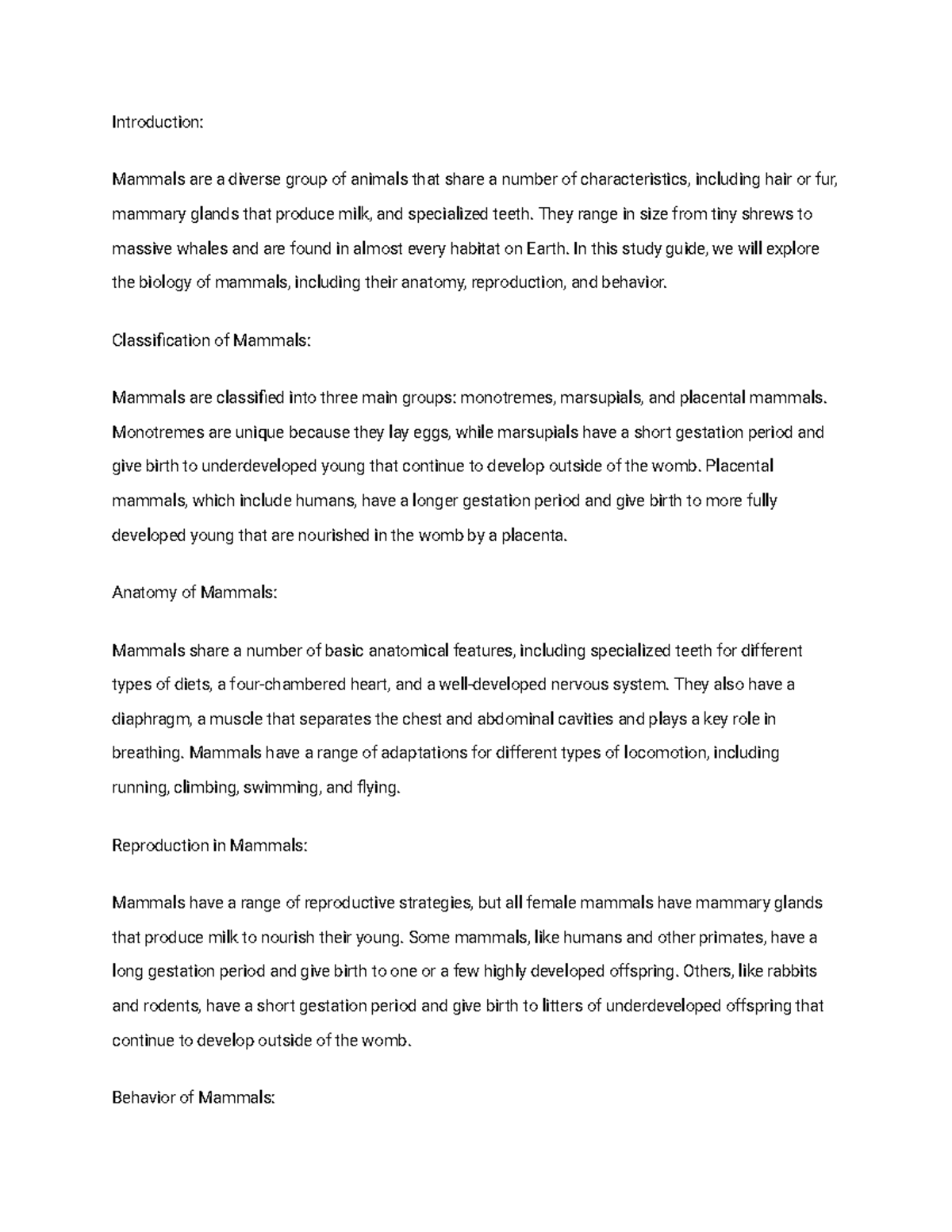 Mammals - study guide - Introduction: Mammals are a diverse group of ...