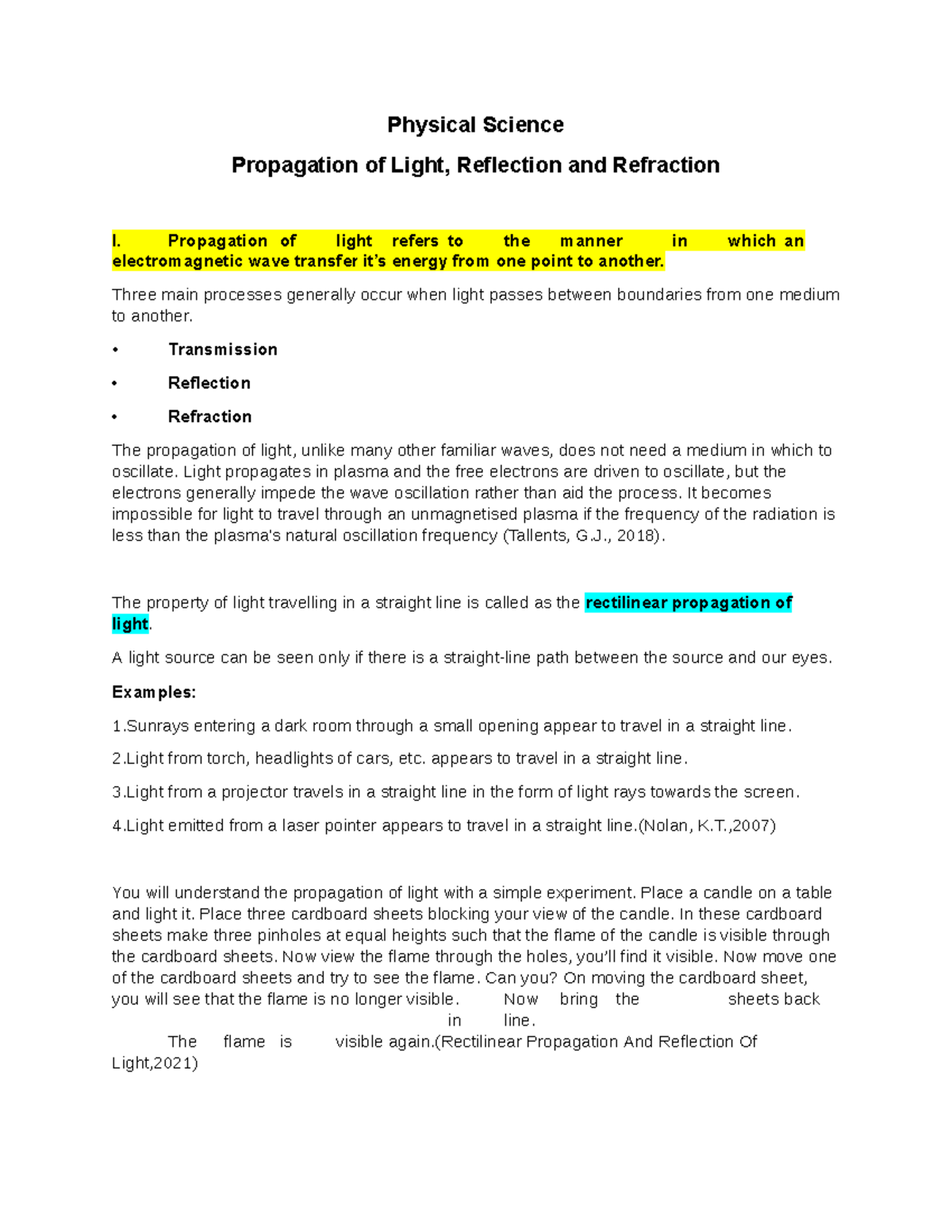 Physical Science Propagation of Light, Reflection and Refraction ...