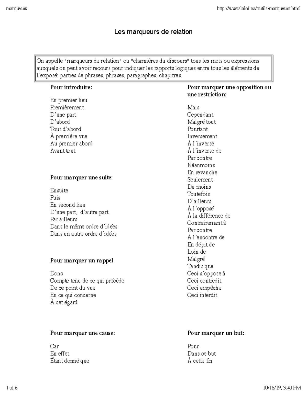 Marqueurs de relation liste - Les marqueurs de relation On appelle ...