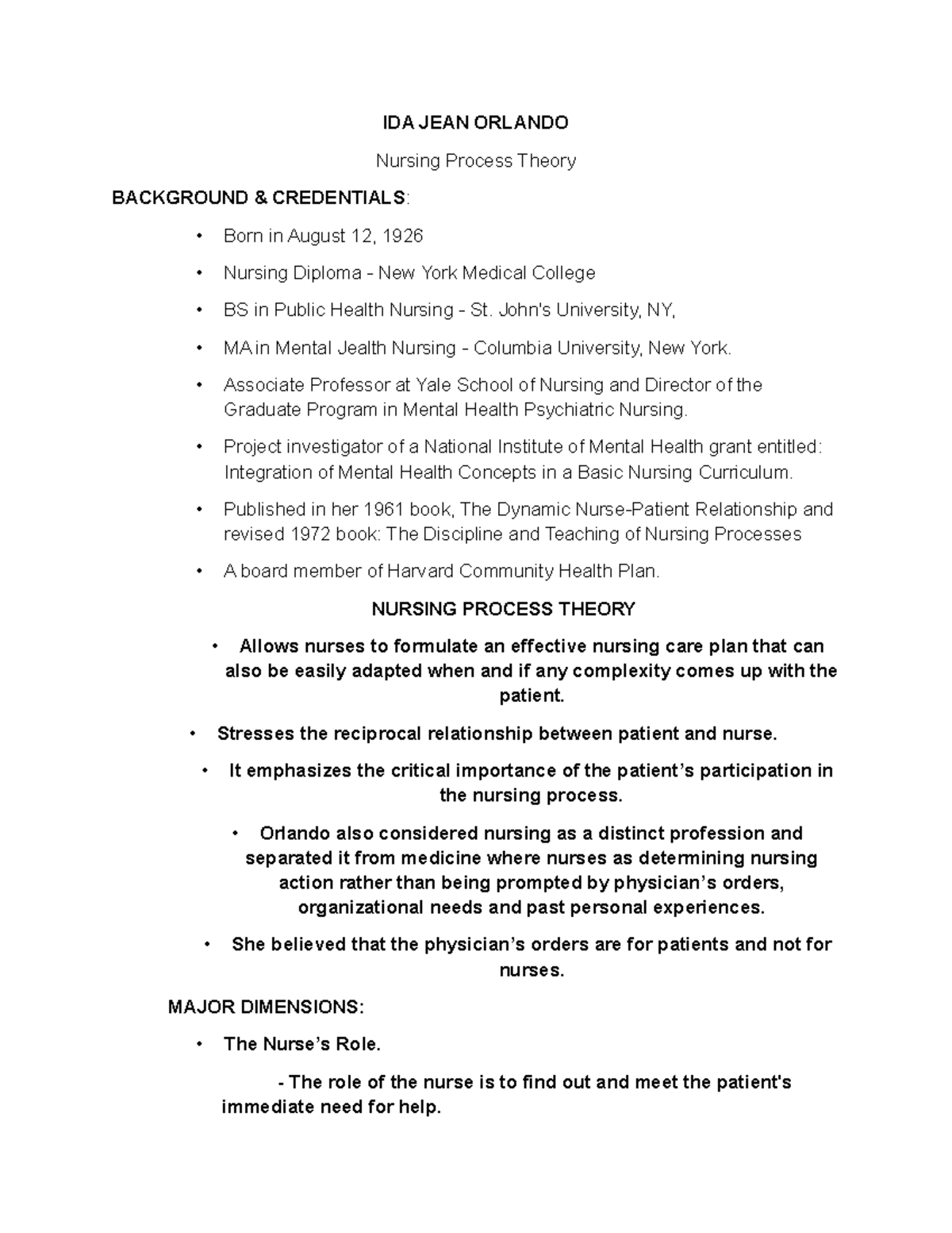 IDA JEAN Orlando - Reviewer - IDA JEAN ORLANDO Nursing Process Theory ...