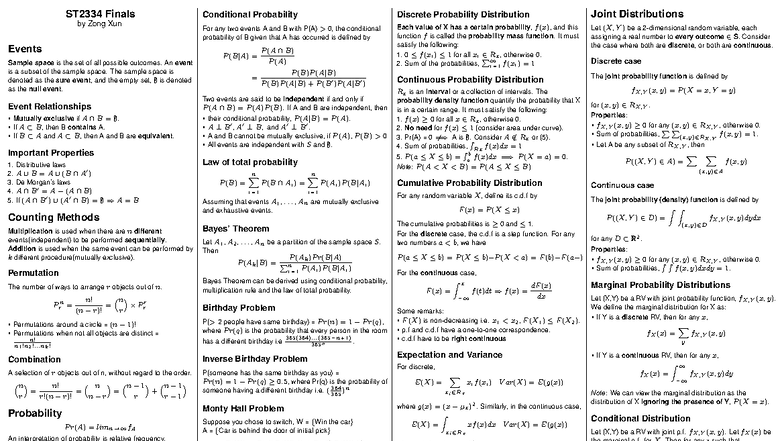 ST2334 Finals Cheat Sheet: Probability Concepts and Theorems - Studocu
