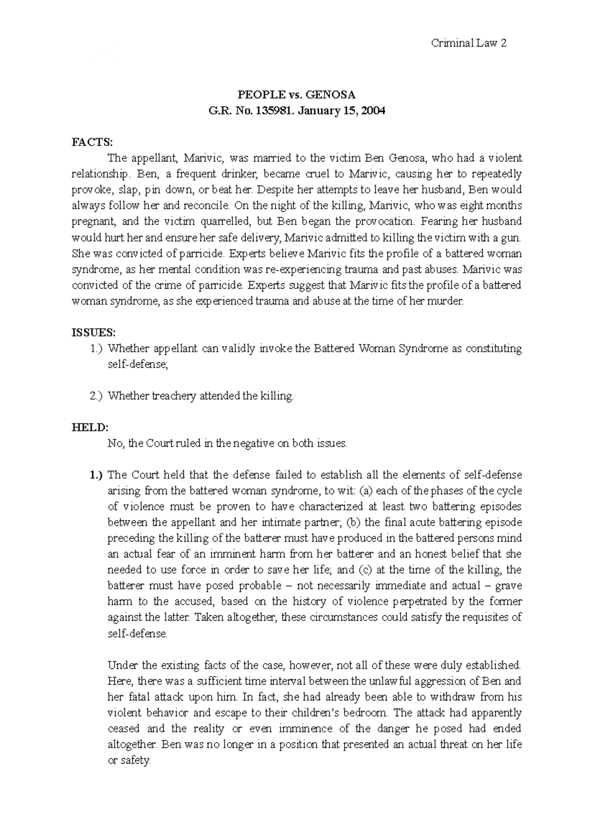 Criminal Law 2 Case Study: People vs. Genosa G.R. No. 135981 - Studocu