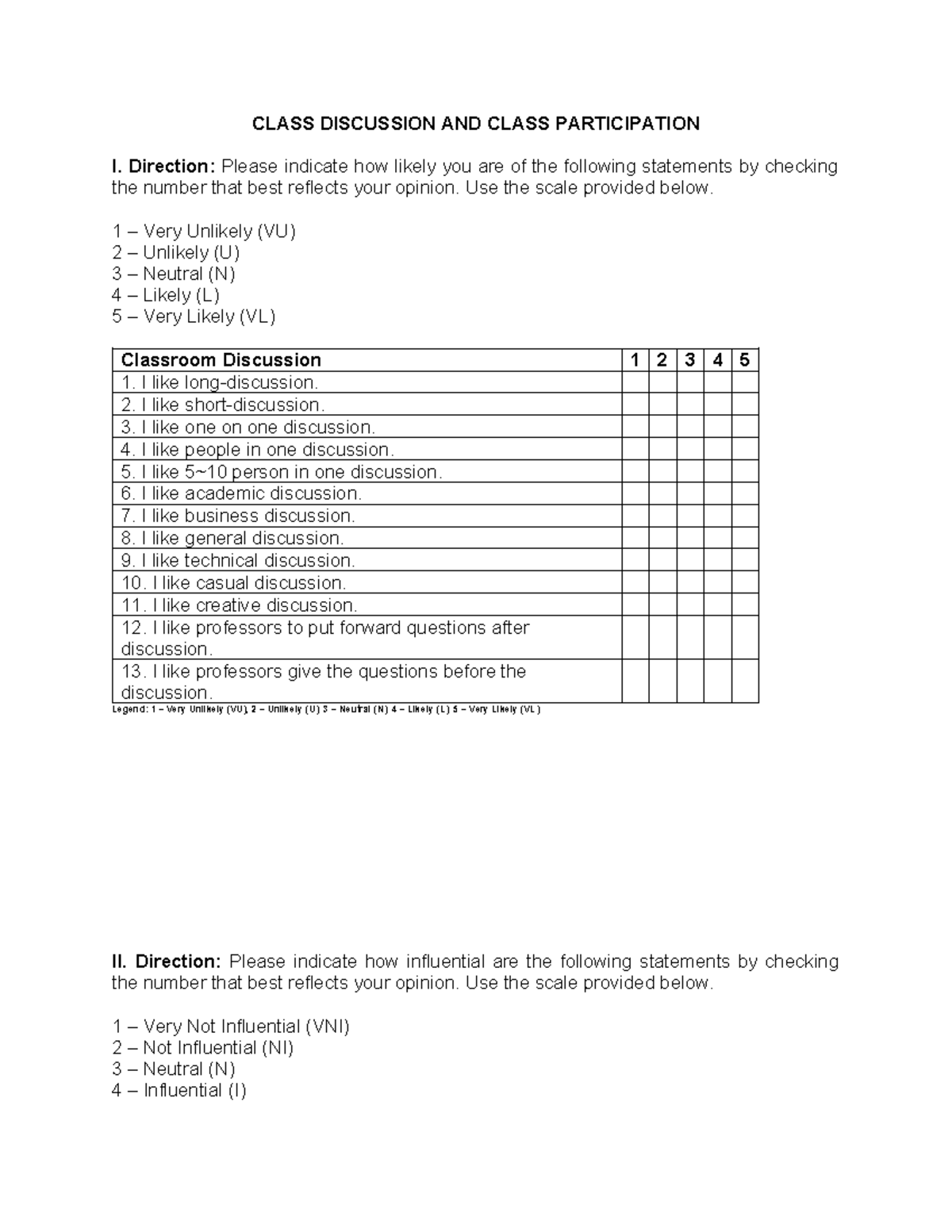 Class Participation Survey Questionnaire for Classroom Discussions ...