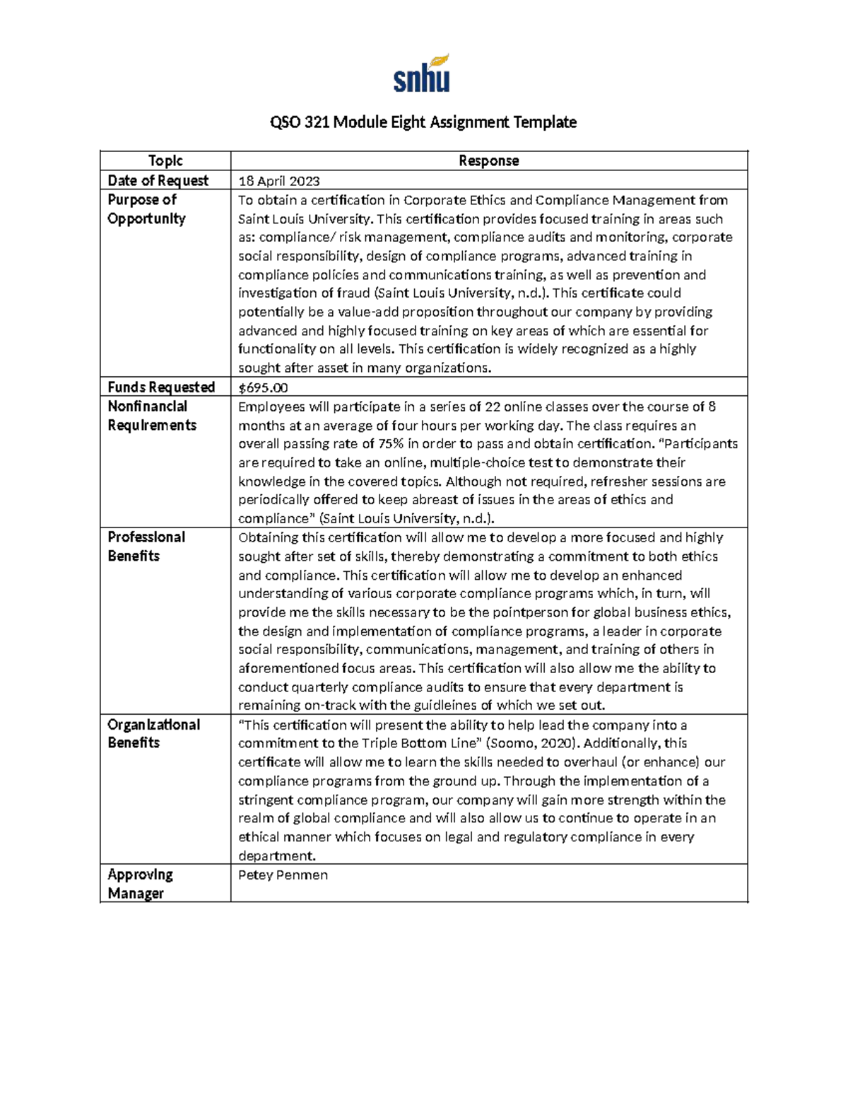 QSO 321 Module 8 Assignment: Corporate Ethics Certification Proposal ...
