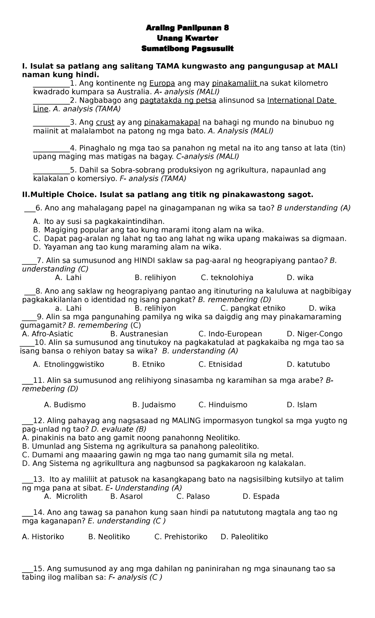 Araling Panlipunan G10 Quarter 1 Pretest - Paunang Pagtataya sa Araling ...