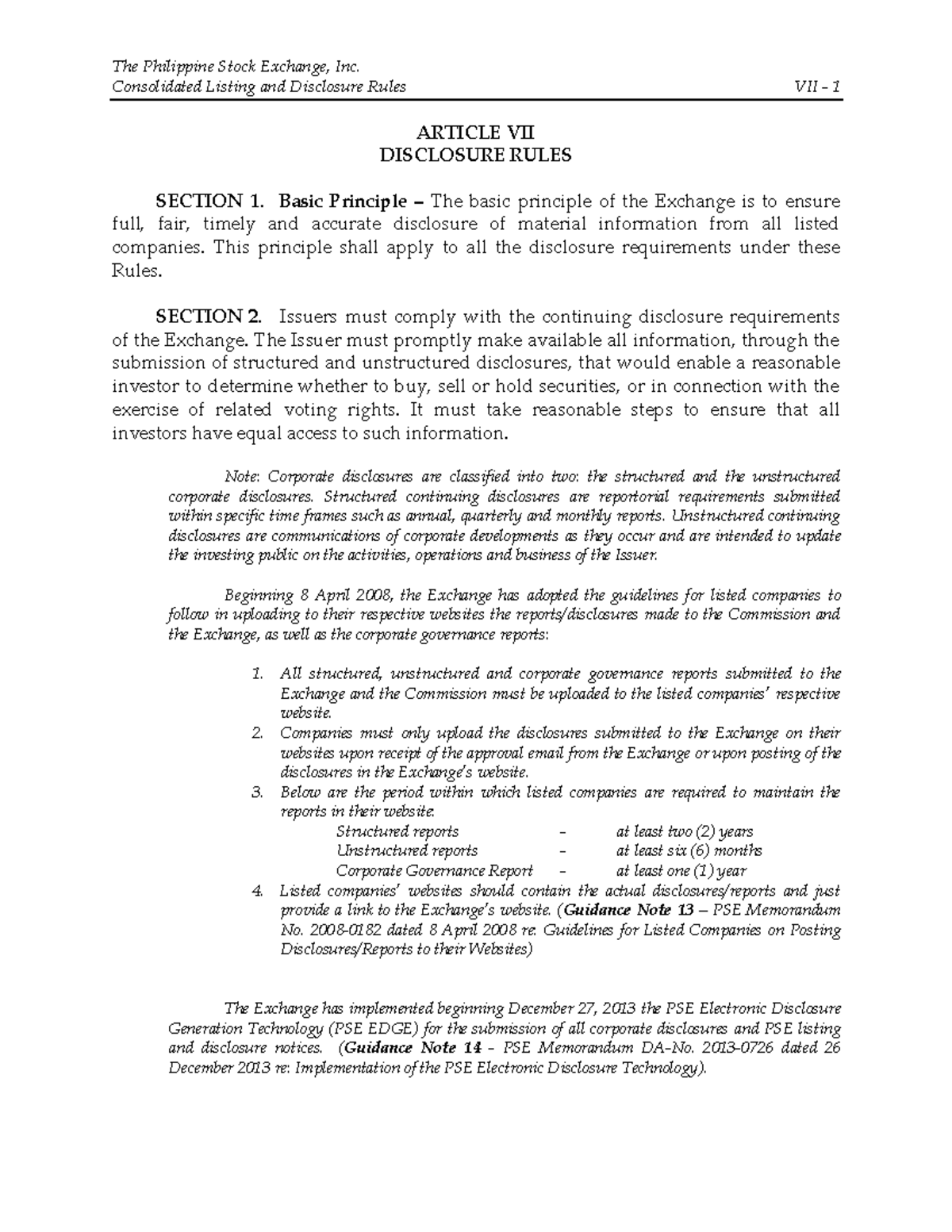 Consolidated Listing & Disclosure Rules VII: Compliance Guidelines ...