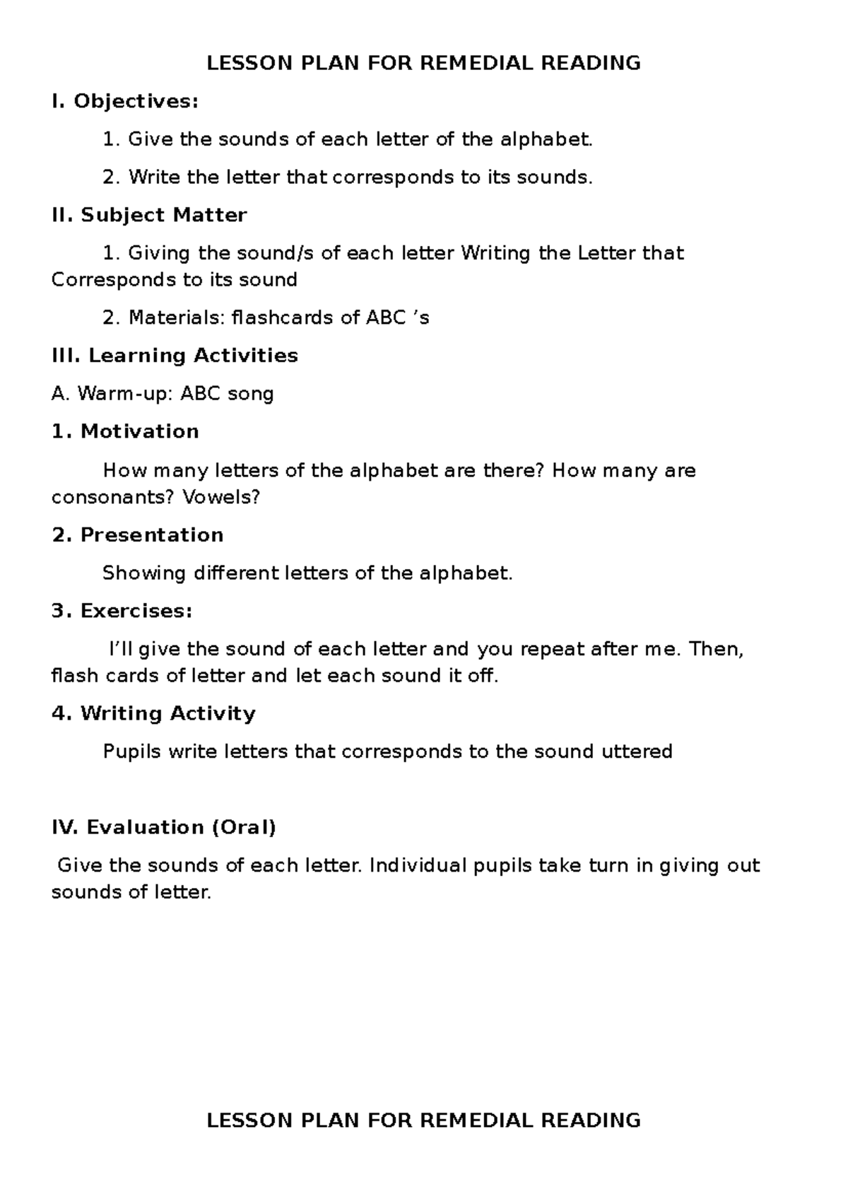 LP Grade 1 Remedial Reading Lesson Plan and Activities - Studocu