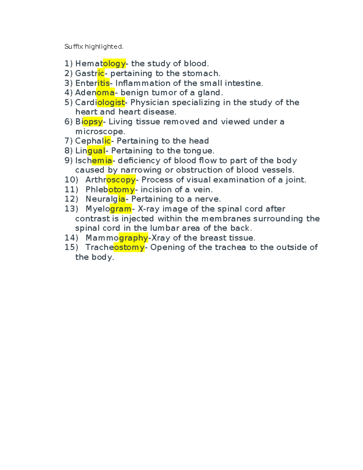 Unit 1 Medical Terminology assignment week 1 - Suffix highlighted ...